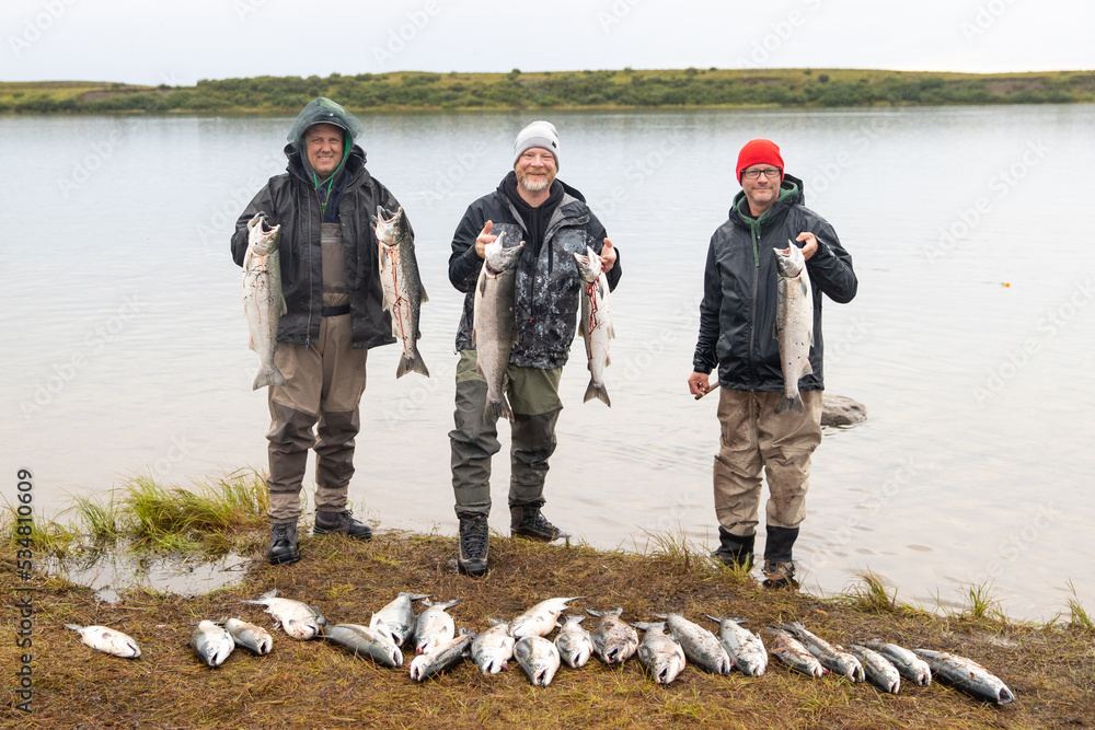 Group of three men holding large Coho salmon on the bank of the Egegik ...
