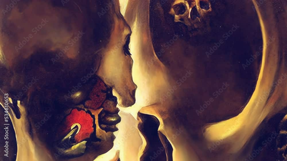 Generative AI animation of surreal painting of skulls and skeletons in ...