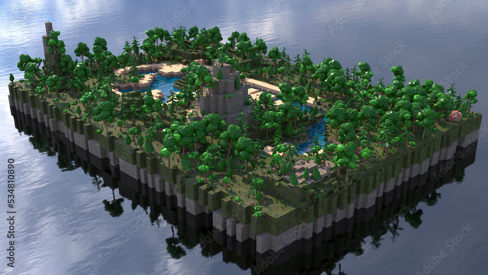 Low Poly island in ocean, Minecraft style in 8K Stock Illustration ...