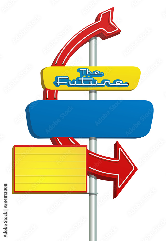 Fifties style neon sign with a big red arrow, pointing to the future ...