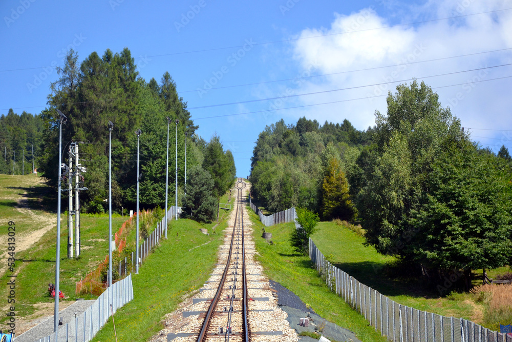 Funicular railway going from down station to the top of Zar Mountain ...
