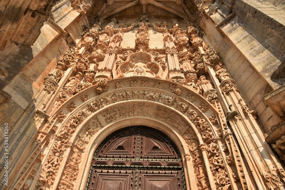 Cream color Manueline sandstone entrance to Convent of Christ rotunda ...