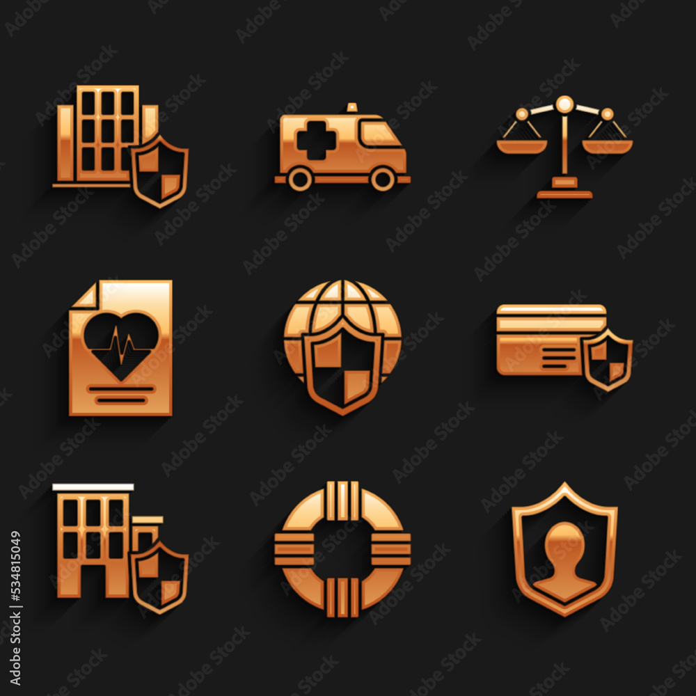 Set Shield with world globe, Lifebuoy, insurance shield, Credit card ...