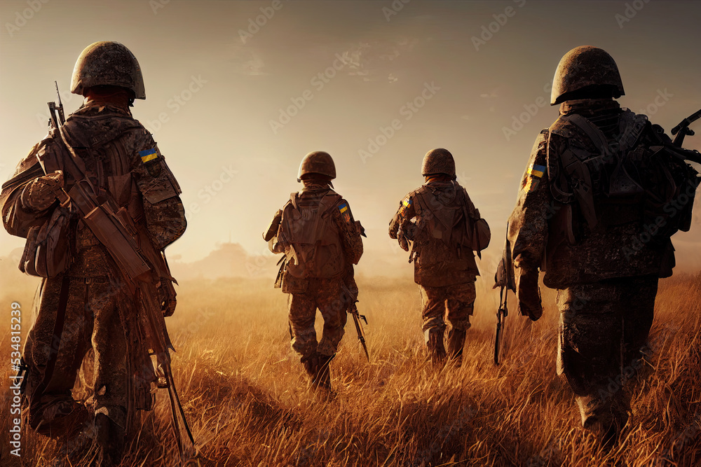 Soldiers of the Ukraine army walking at sunset on a grain battlefield ...