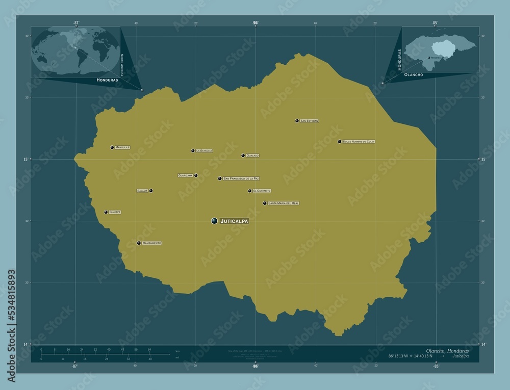 Olancho, Honduras. Solid. Labelled points of cities Stock Illustration ...