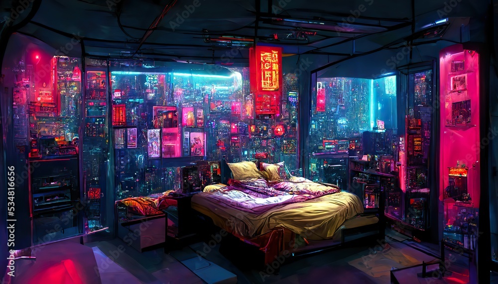 Asian Cyberpunk Futuristic Bedroom Concept Art Illustration Stock