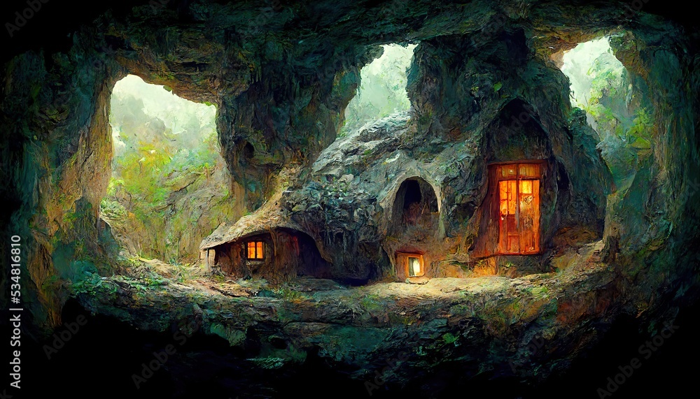 Fantasy stone house inside a cave concept art illustration Stock ...