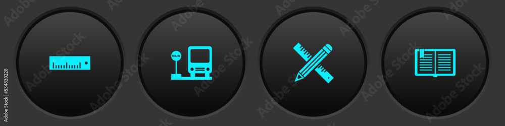 Set Ruler, Bus stop, Crossed ruler and pencil and Open book icon ... Set Ruler, Bus stop, Crossed ruler and pencil and Open book icon ...