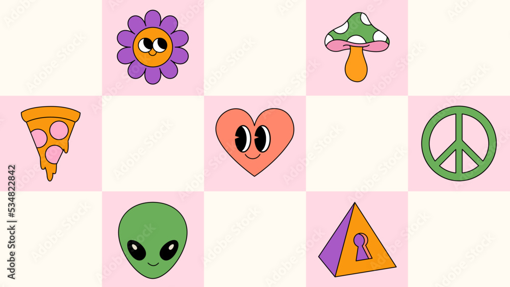 Fun groovy retro clipart elements set. 60s, 70s, 80s cartoon style. Patches, pins, stamps ...