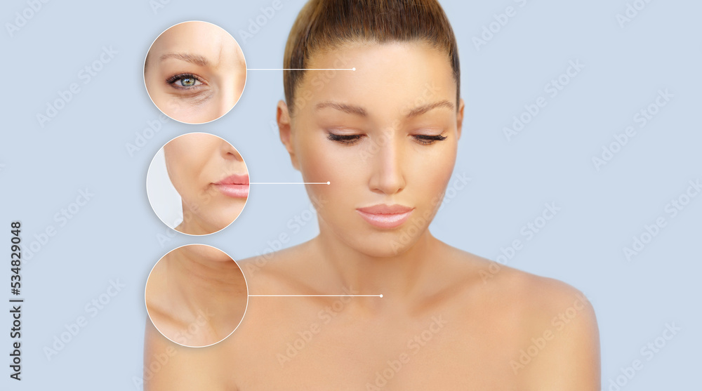 Aging. Mature woman-young woman.Face with skin problem.Showing photos ...