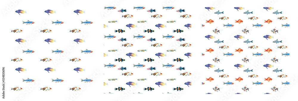 Watercolor white aquarium fishes seamless pattern illustration set ...