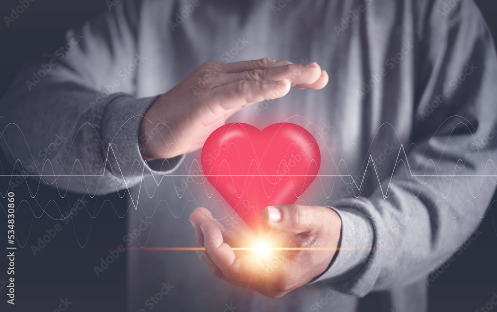 Cardiology and insurance concept, Human holding red heart shape with ...