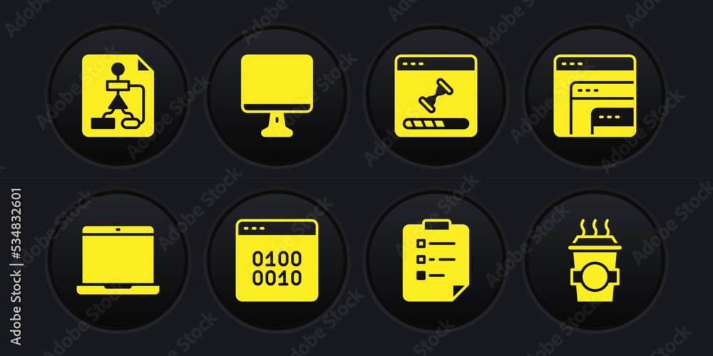 Set Laptop, Software, Binary code, Clipboard with checklist, Loading ... Set Laptop, Software, Binary code, Clipboard with checklist, Loading ...