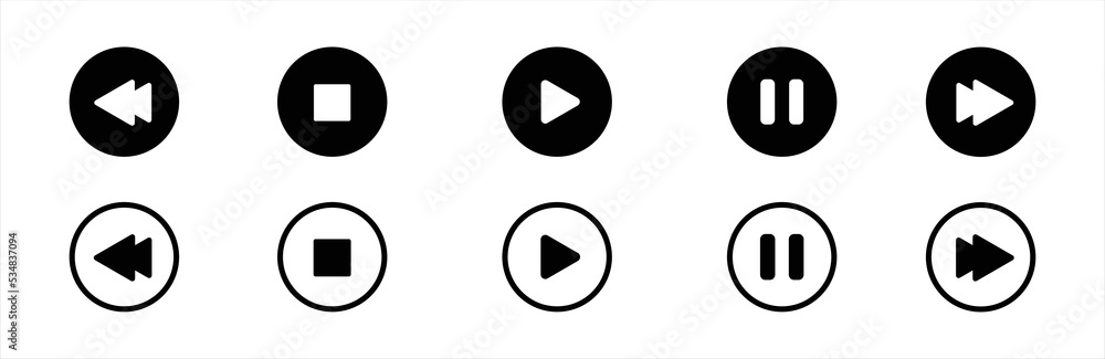 Media player icon set. Music player icon set. Media player icon collection. Play and pause ...