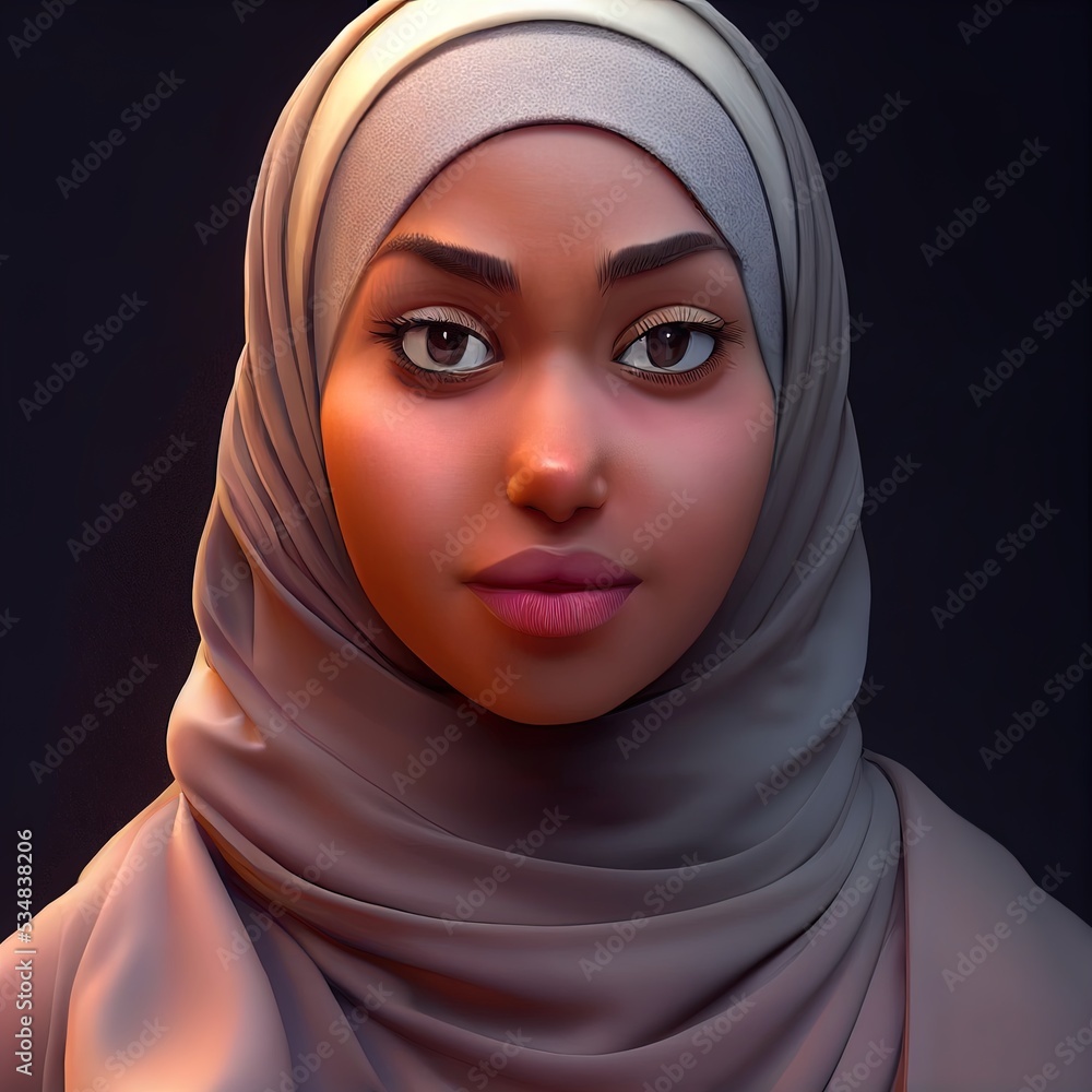 Stylish arab woman covering hairs. Cartoon big eyed close up portrait ...