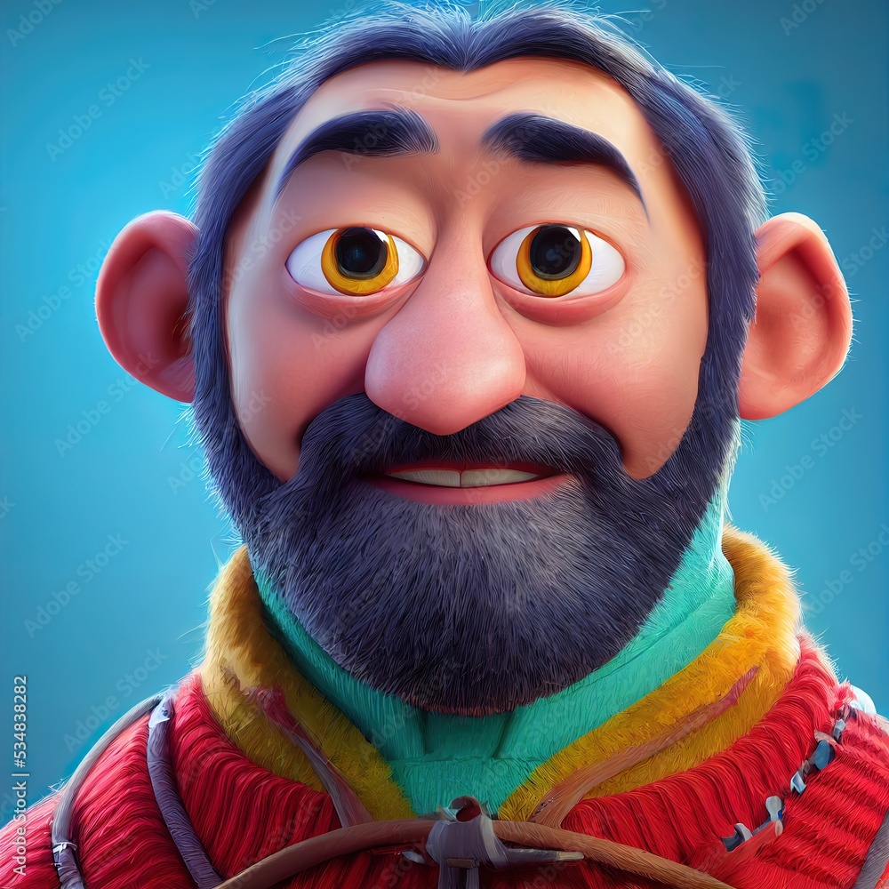 Young alpinist, mountain climbing man with beard. Cartoon big eyed ...
