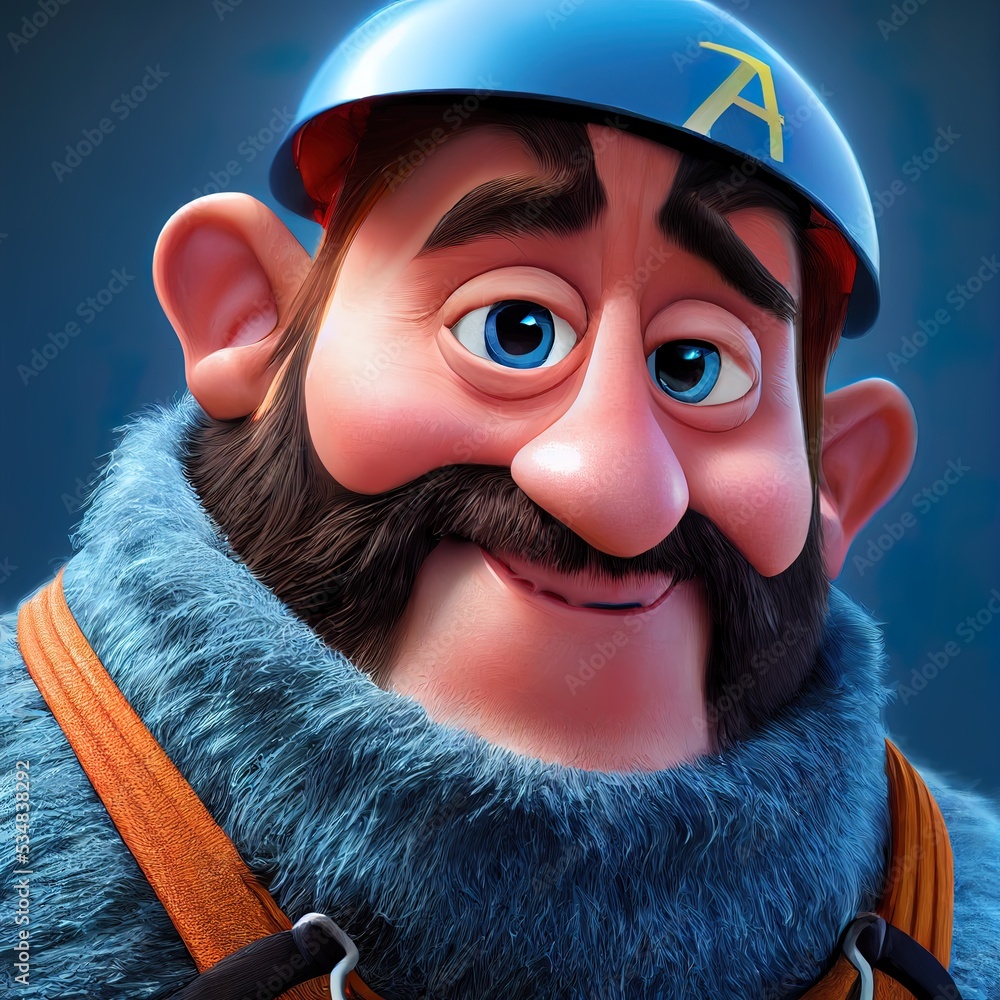 Middle aged alpinist, mountain climbing man with beard. Cartoon big ...