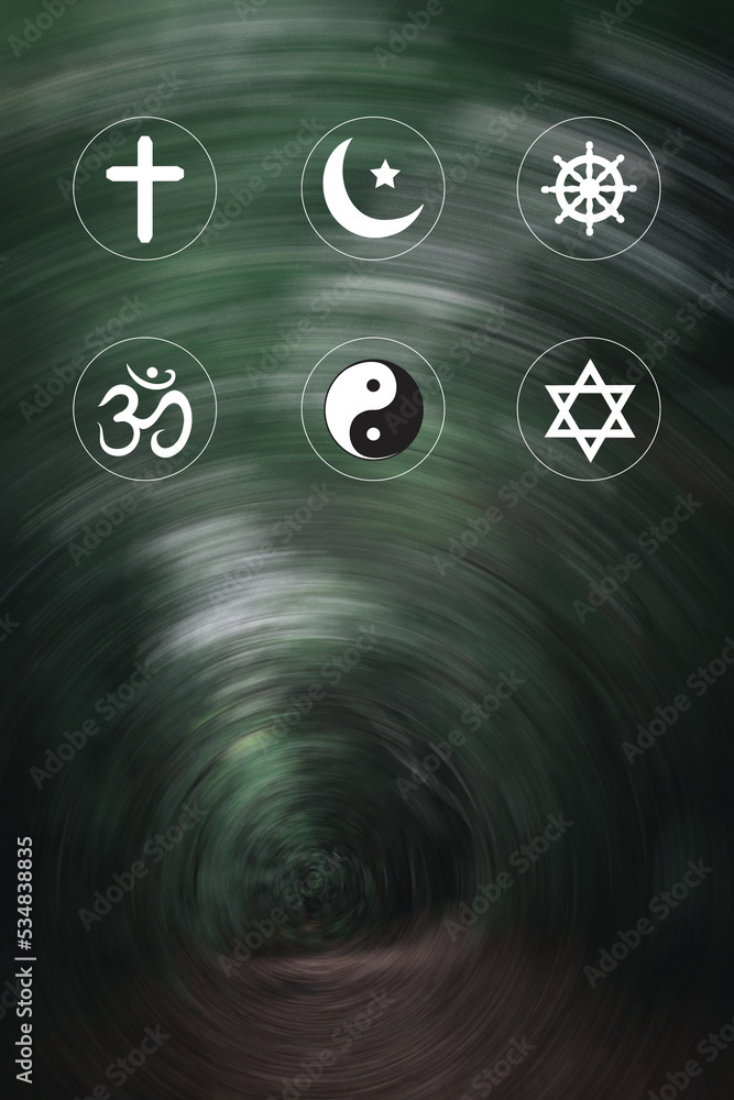 Religious symbols. Christianity cross, Islam crescent, Buddhism dharma ...