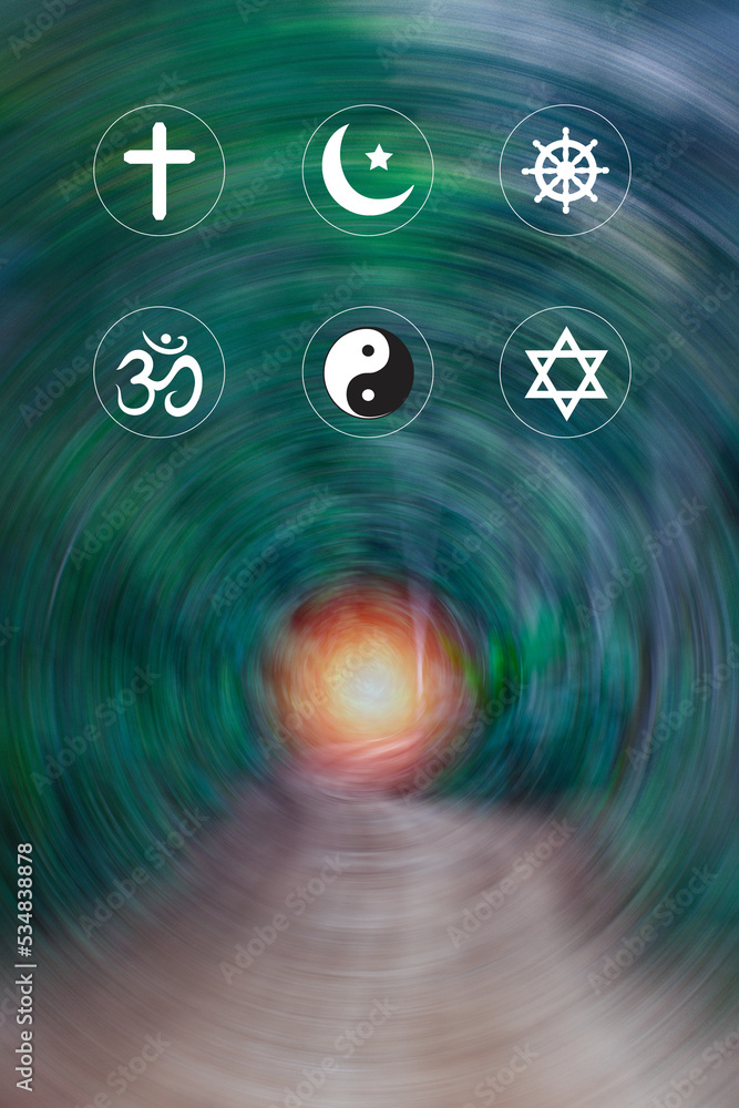 Religious symbols. Christianity cross, Islam crescent, Buddhism dharma ...