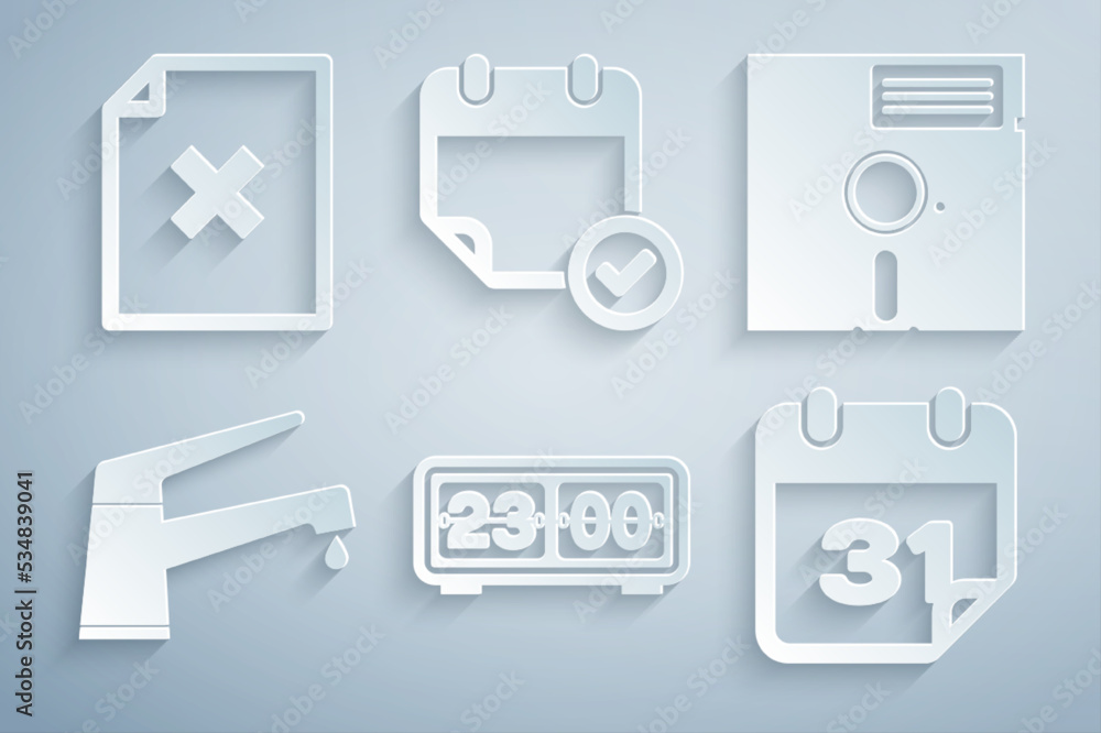 Set Retro flip clock, Floppy disk in the 5.25-inch, Water tap, Calendar, with check mark and ...