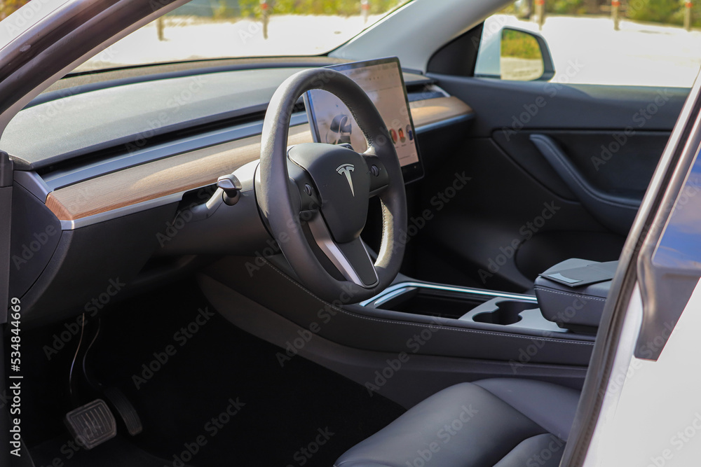 Driver's seat of the interior car Tesla Model Y Stock Photo | Adobe Stock