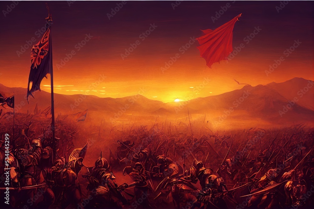 Fantasy battle scene with rised spears and flags on the sunset ...