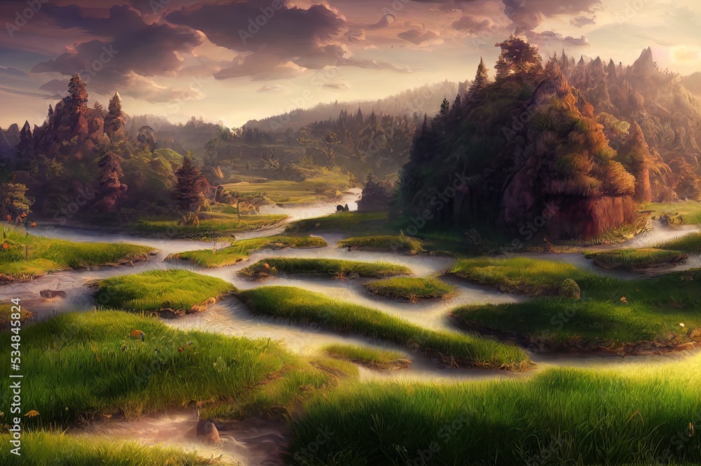 Fantasy land, Grass and Hill, River and Tree with Fantastic, Realistic ...