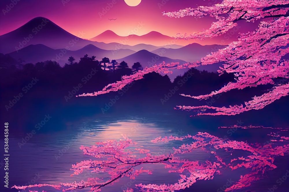 Fantasy Japanese landscape with sunset. Ghost, geisha silhouette, foggy ...