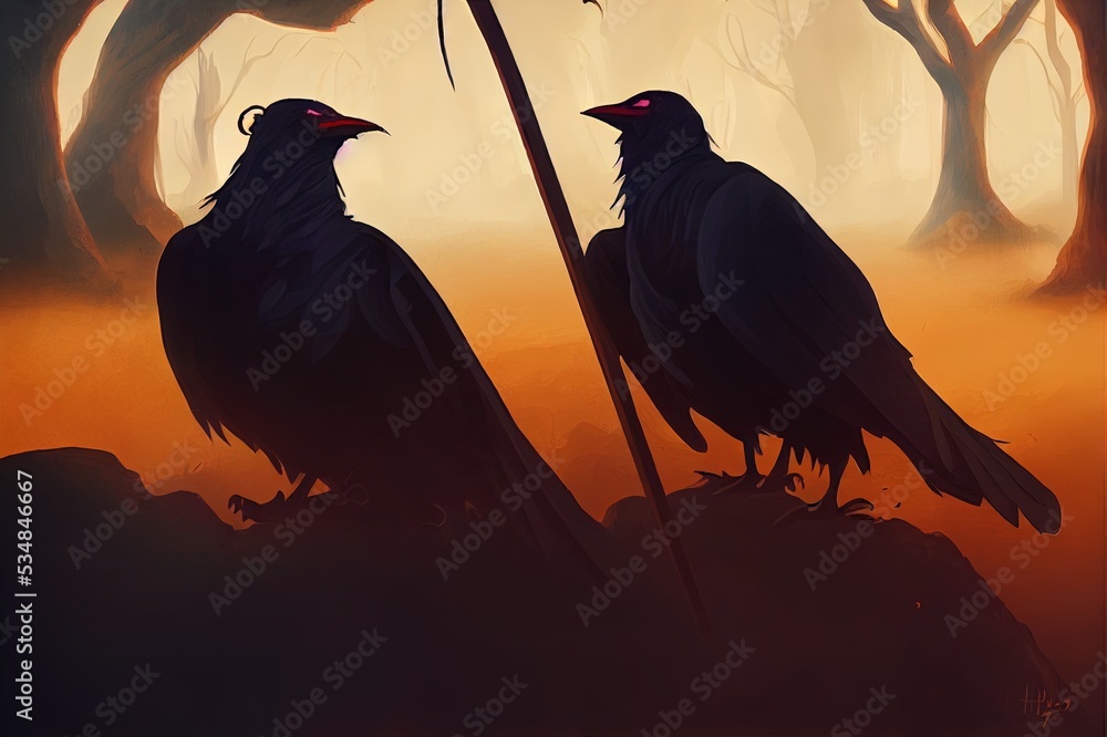 fight scene of the man with magic wizard staff and the devil of crows ...