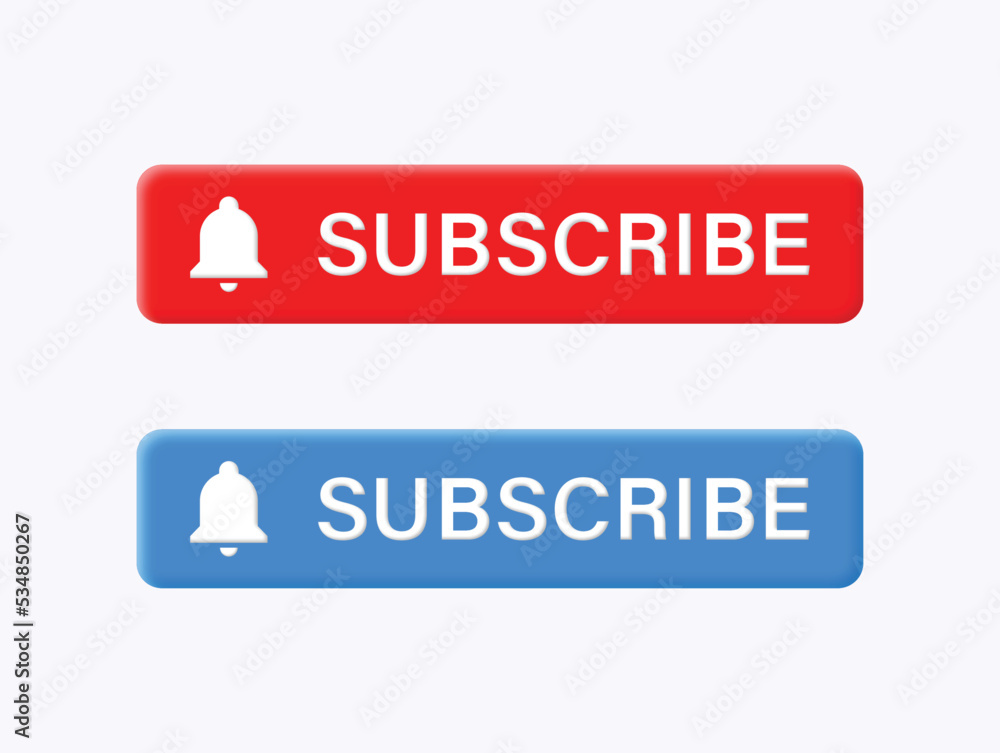 subscribe button 3d with notification bell icon in red and blue buttons ...