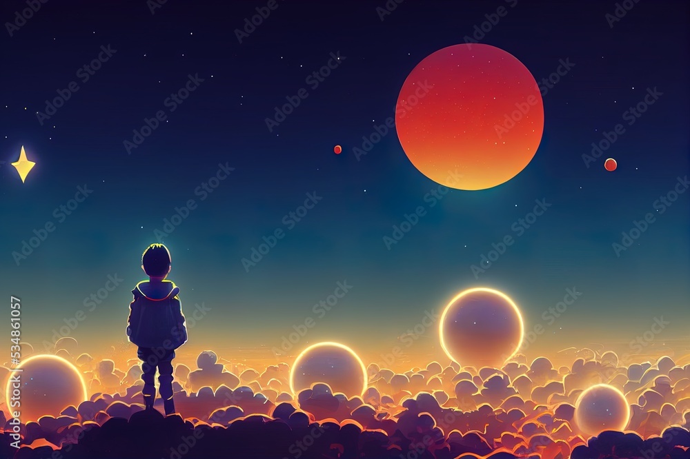beautiful scenery showing the young boy standing among glowing planets ...