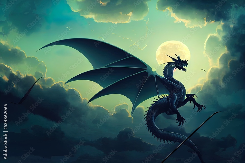 The silhouette of a dead dragon with huge wings, flying against the ...