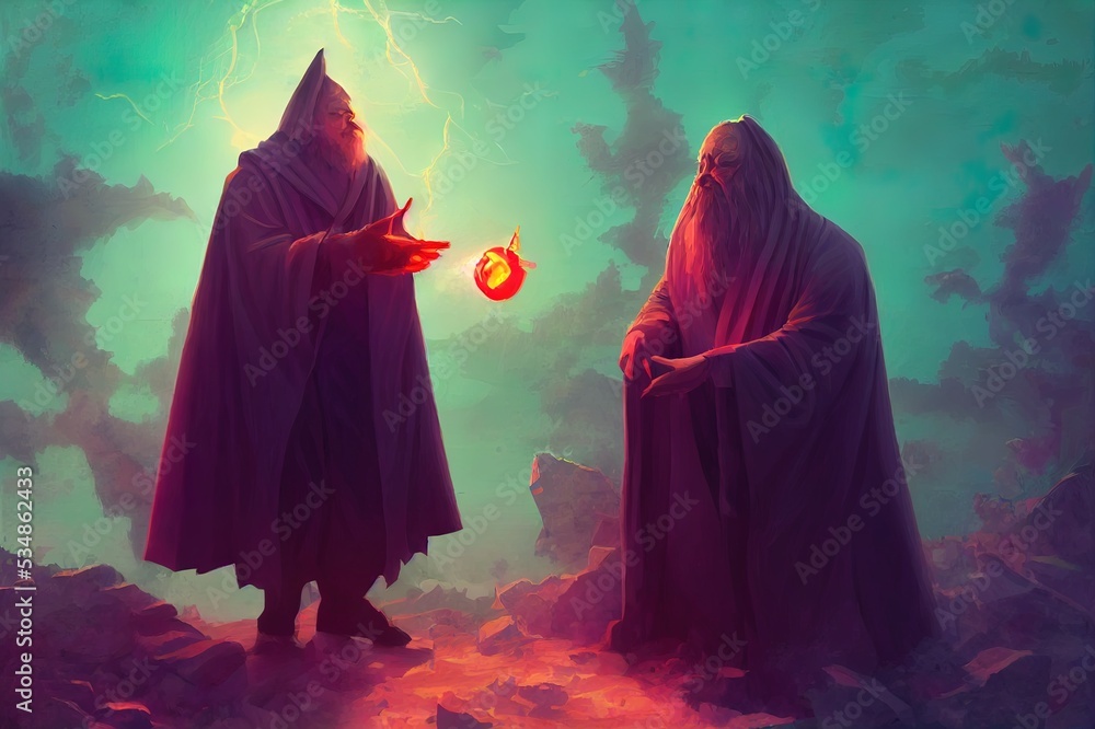 the angry wizard of evil spirits holds a magic gem cast a spell ...