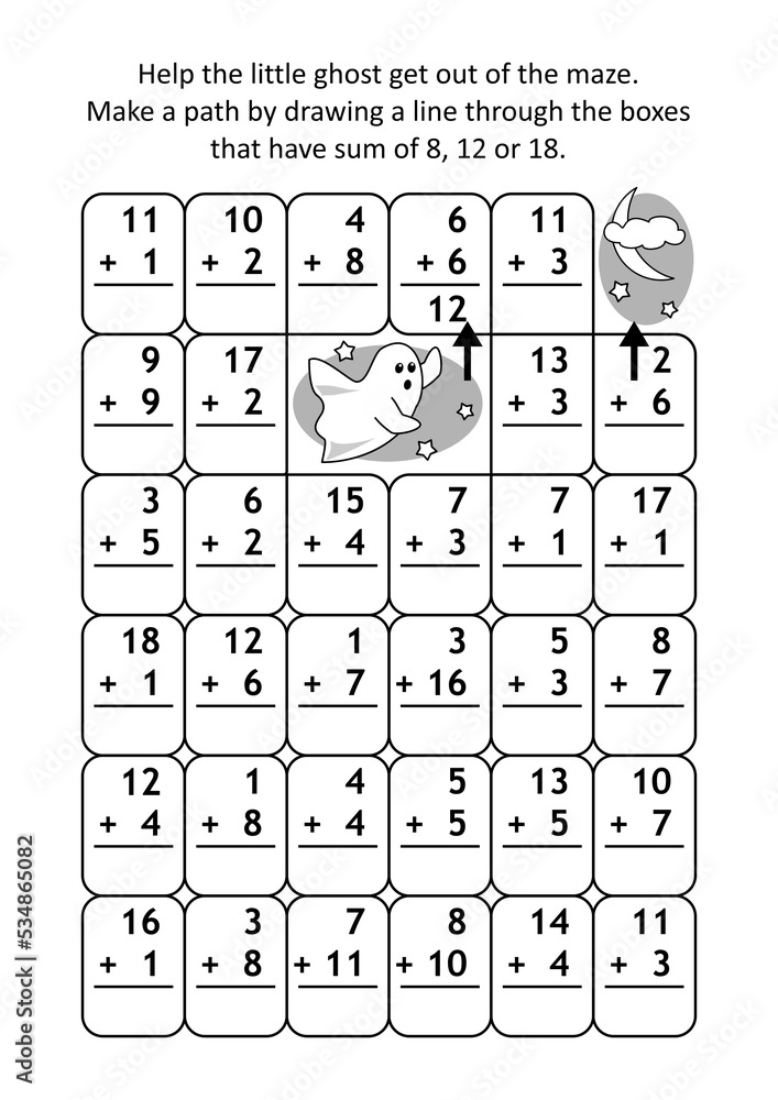 Math maze with addition facts: Help the little ghost get out of the ...