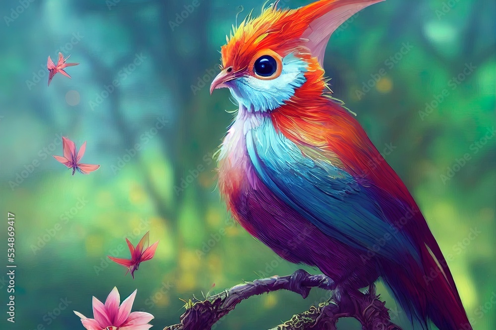 A fantasy portrait of an unusual bird in a fairy tale elfin forest ...