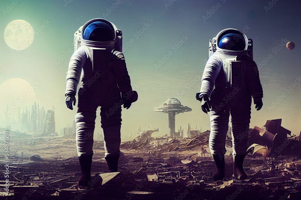 Astronaut exploring invaded ruins 3D illustration of science fiction ...