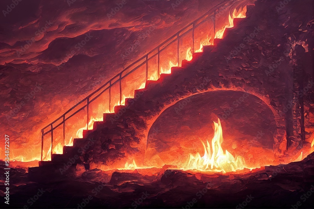 The eternal fire, dark atmospheric landscape with stairs to ancient ...