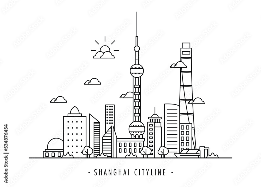Shanghai city line. Outline of city roads with office buildings ...