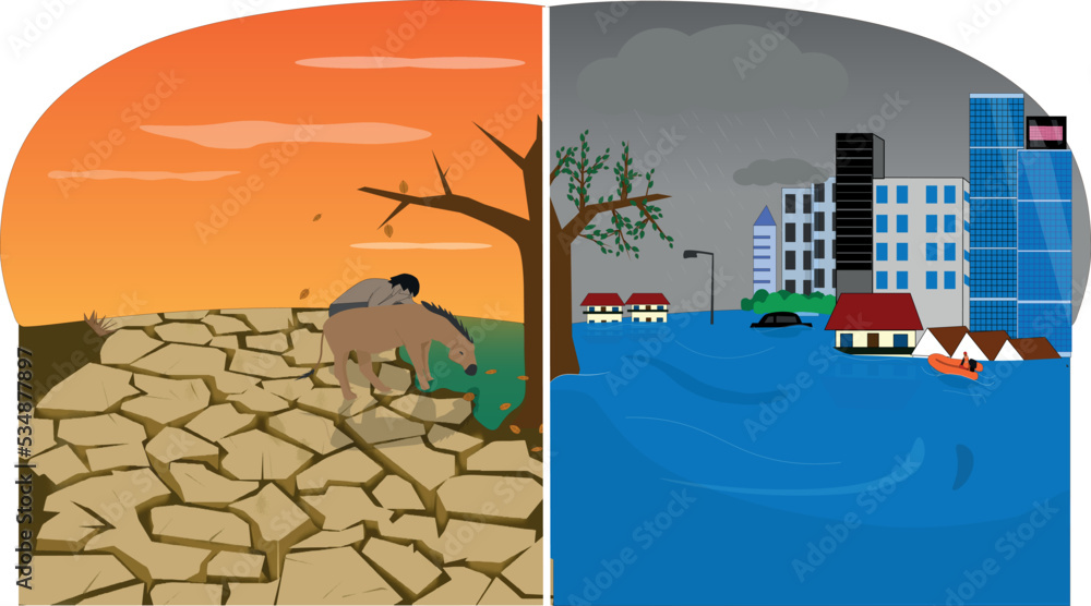 Vector Illustration of global warming with drought and flood Stock ...