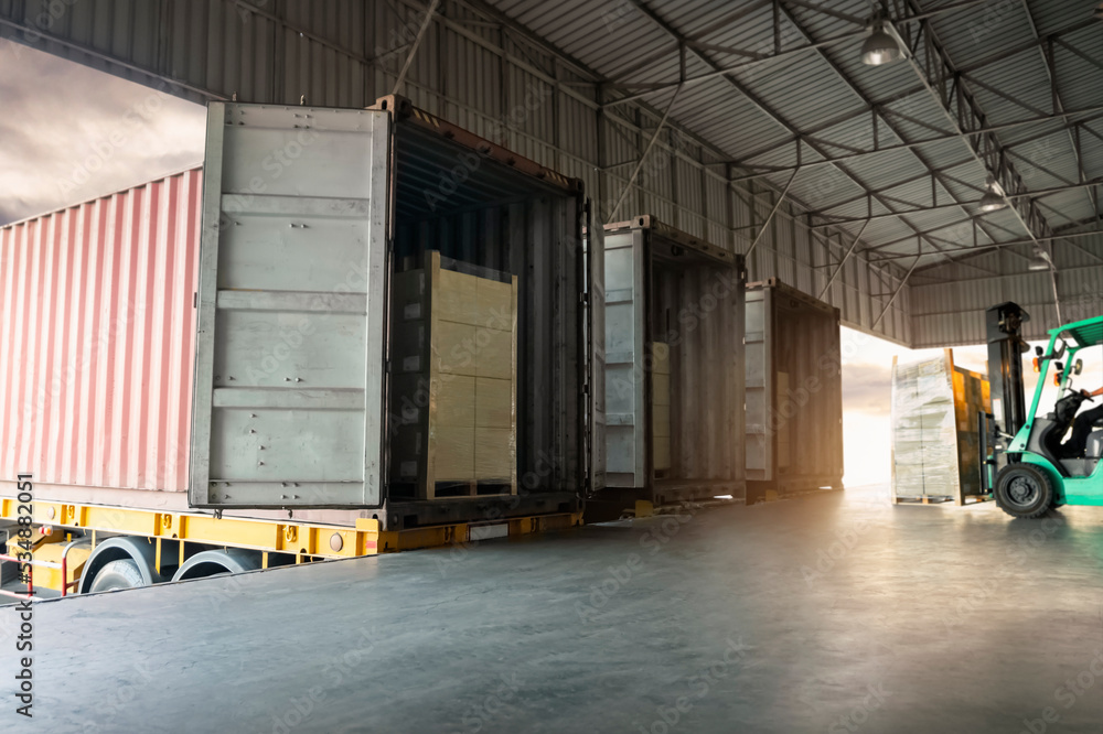 Contaner Trailer Trucks Parked Loading at Dock Warehouse. Packaging ...