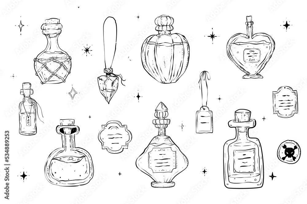 Magic potion bottle for witches doodle icon set for halloween card ...