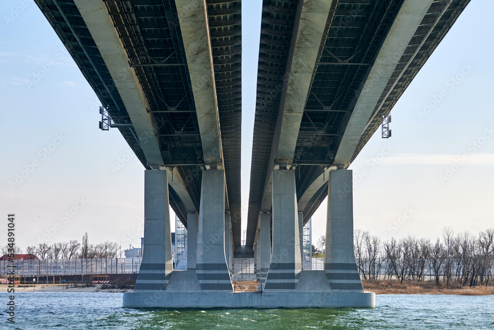 Concrete bridge bottom view in Rostov on Don city over river Don ...