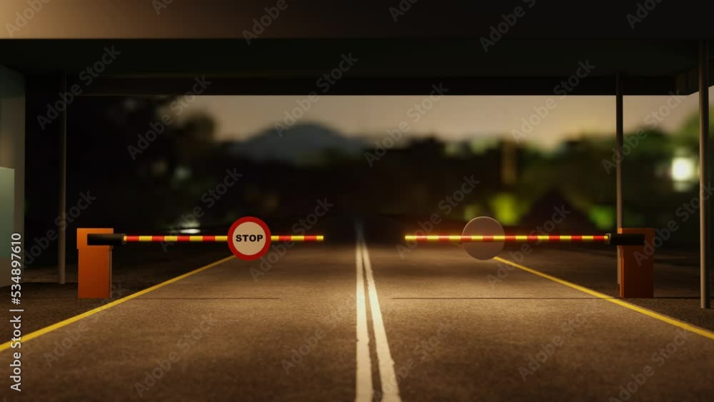 Toll checkpoint barriers lowered with stop sign. 3D rendering seamless ...