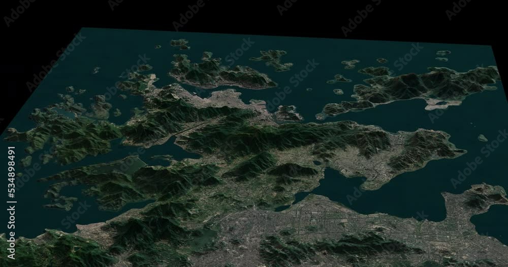 Hong Kong north to south map with 3d relief 4K satellite ground height ...
