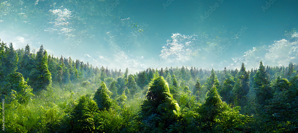 Beautiful view of green forest with blue sky background. 3D ...