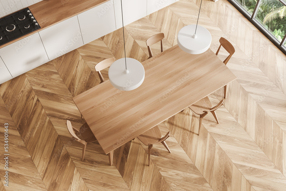 Top view of wooden kitchen interior with dining table and window Stock ...