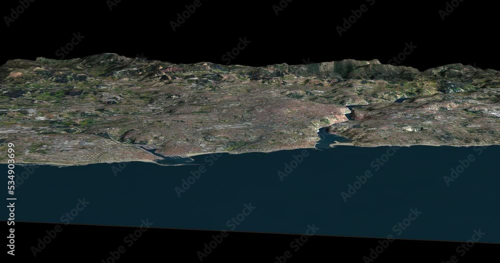 Porto west to east map with 3d relief 4K satellite ground low height ...