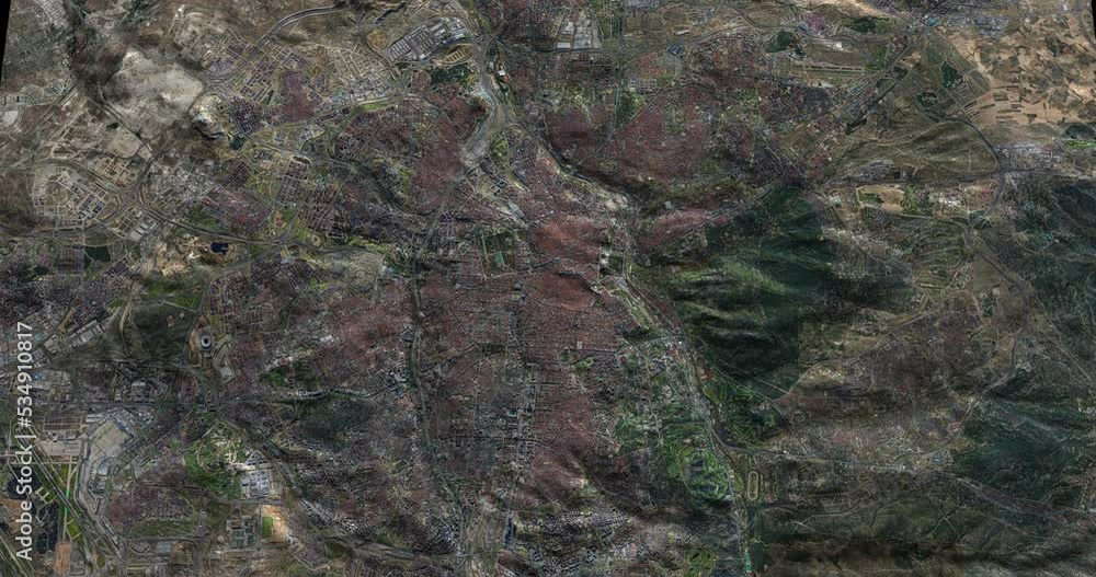Madrid north to south map with 3d relief 4K satellite ground top height ...
