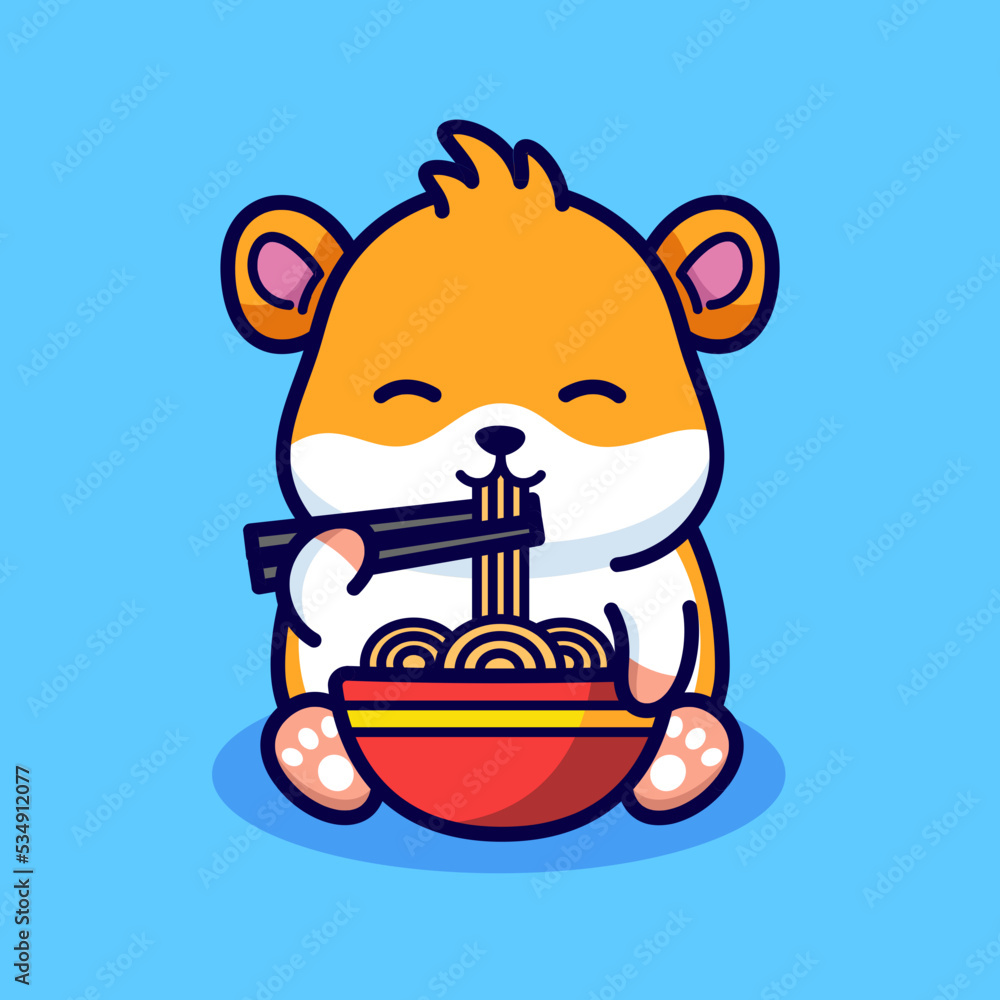 Cute hamster eating noodle cartoon illustration Stock Vector | Adobe Stock