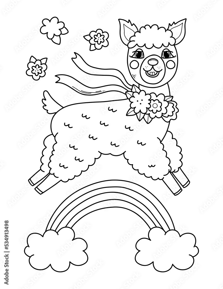 Coloring Page Outline of cartoon cute llama and rainbow. Animal ...